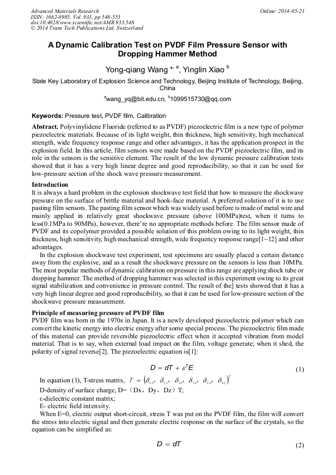 A Dynamic Calibration Test on PVDF Film Pressure Sensor with Dropping ...