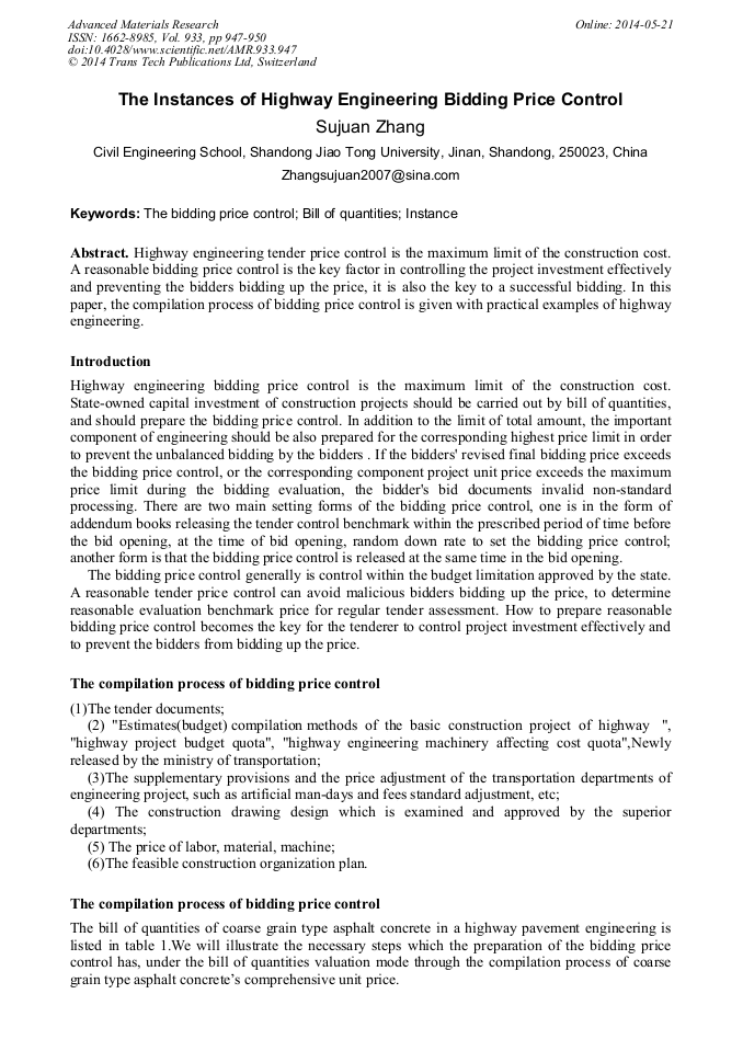 The Instances of Highway Engineering Bidding Price Control | Scientific.Net