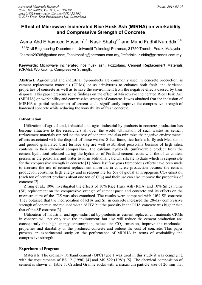 Effect of Microwave Incinerated Rice Husk Ash (MIRHA) on Workability ...
