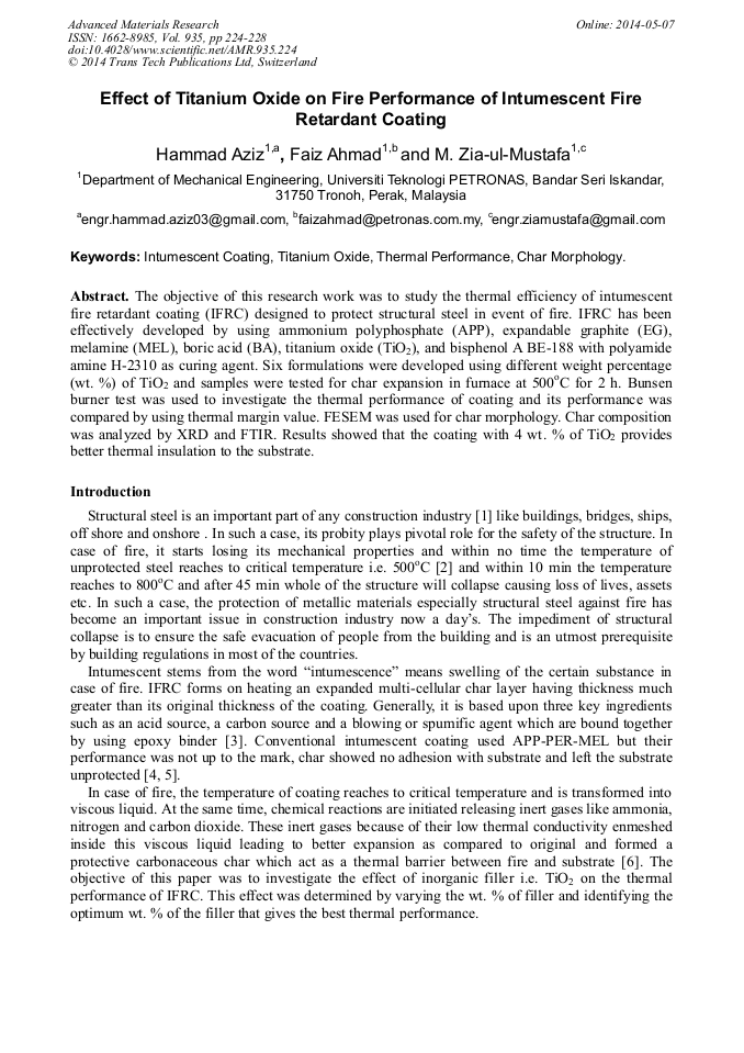 Effect of Titanium Oxide on Fire Performance of Intumescent Fire ...