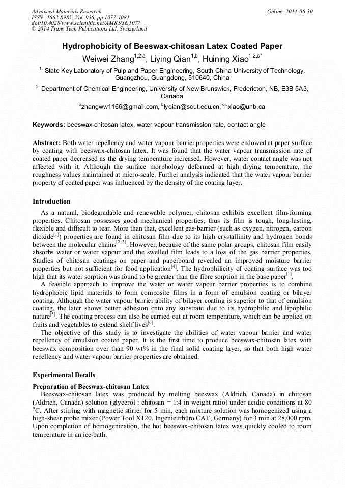 Hydrophobicity of Beeswax-Chitosan Latex Coated Paper | Scientific.Net