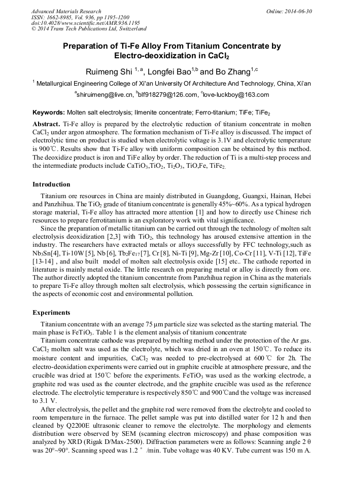 Preparation of Ti-Fe Alloy from Titanium Concentrate by Electro ...