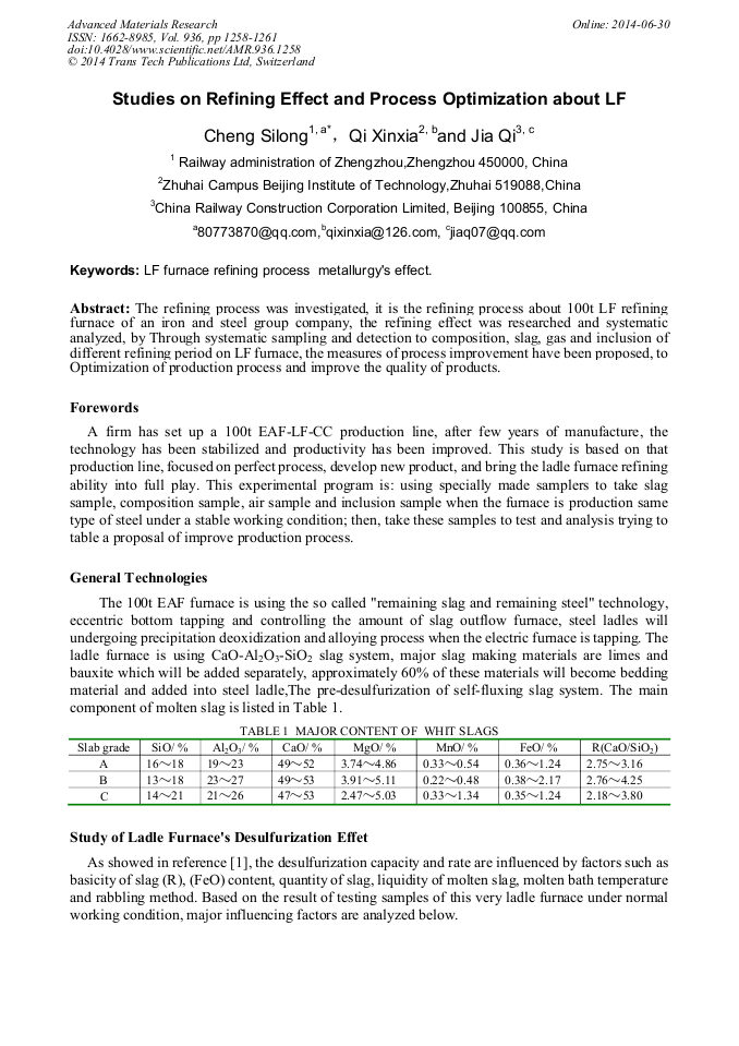 Studies on Refining Effect and Process Optimization about LF ...