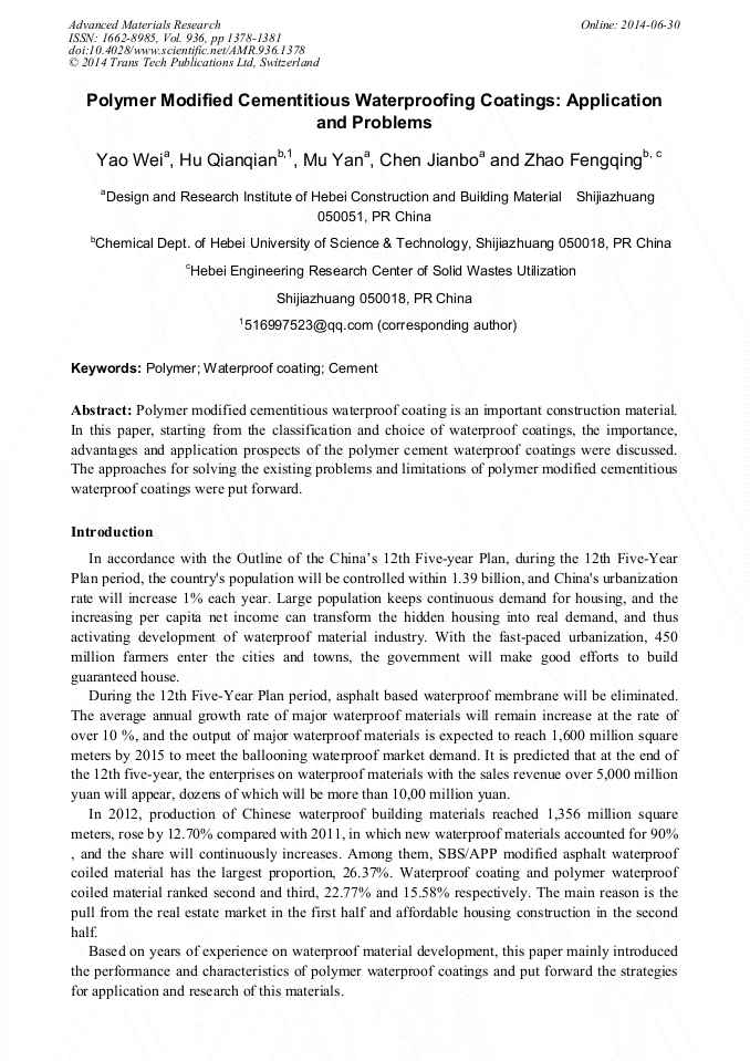 Polymer Modified Cementitious Waterproofing Coatings: Application and ...