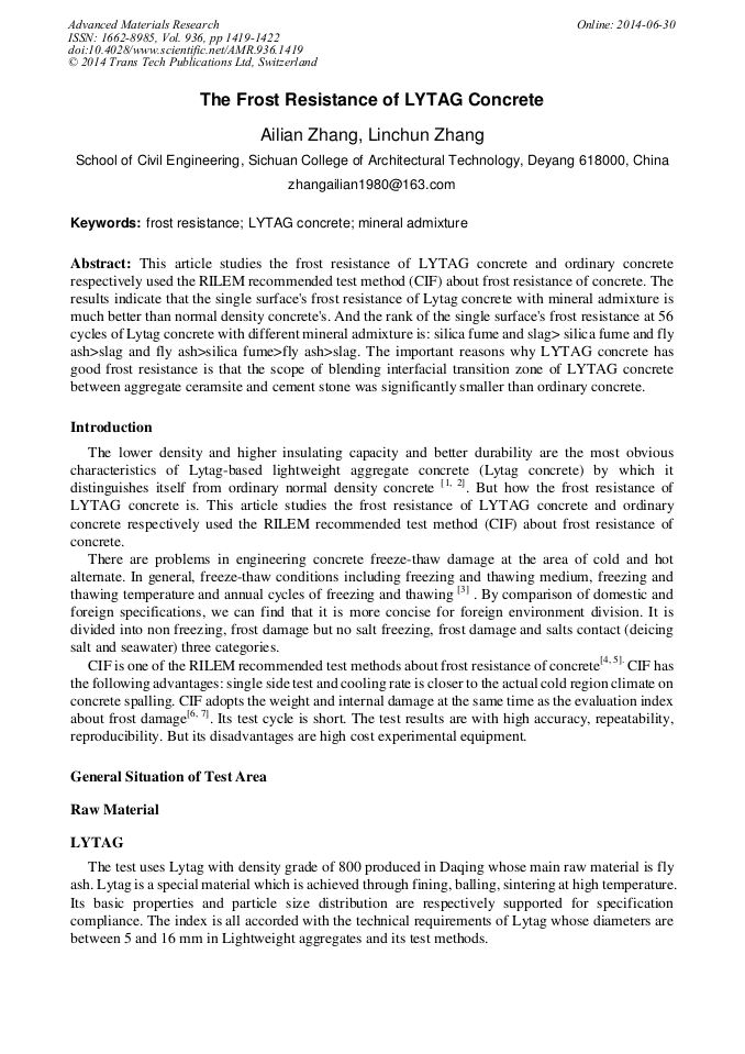 The Frost Resistance of LYTAG Concrete | Scientific.Net
