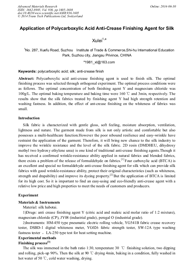Application of Polycarboxylic Acid Anti-Crease Finishing Agent for Silk ...