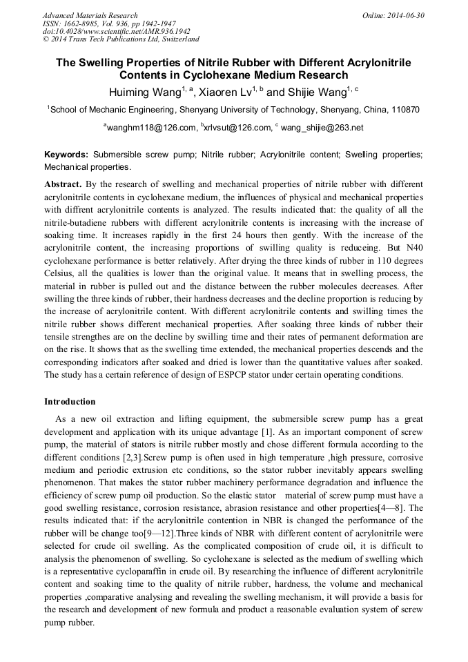 The Swelling Properties of Nitrile Rubber with Different Acrylonitrile ...