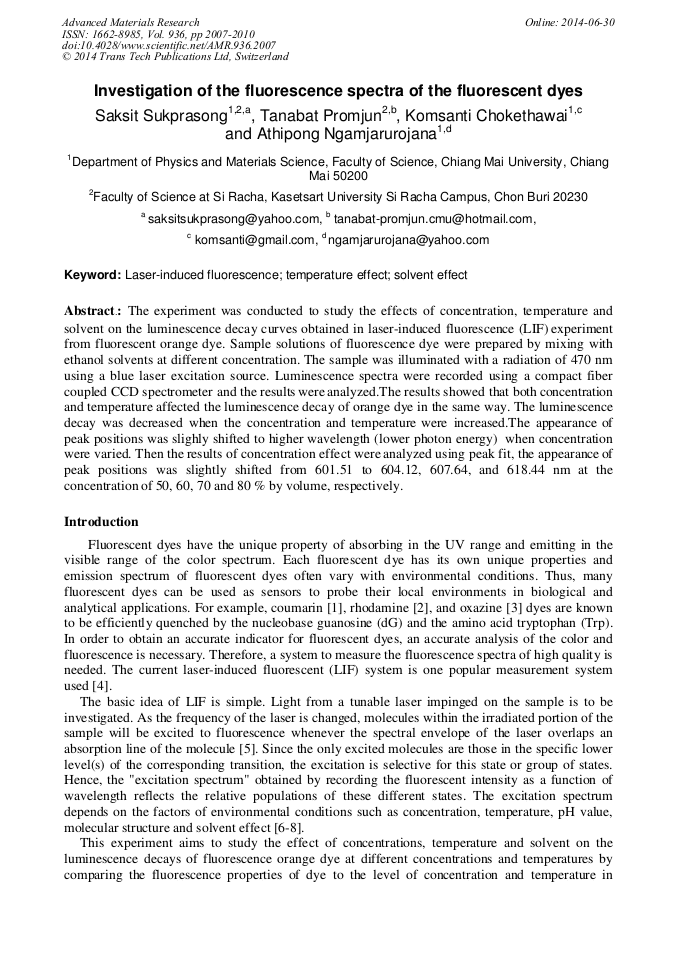 Investigation of the Fluorescence Spectra of the Fluorescent Dyes ...