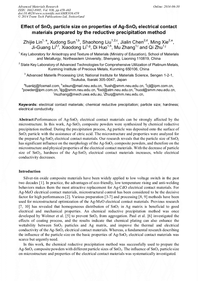 Effect of SnO2 Particle Size on Properties of Ag-SnO2 Electrical ...