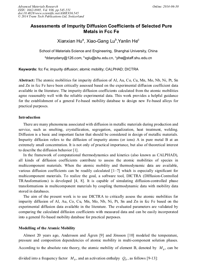 Assessments of Impurity Diffusion Coefficients of Selected Pure Metals in Fcc Fe | Scientific.Net