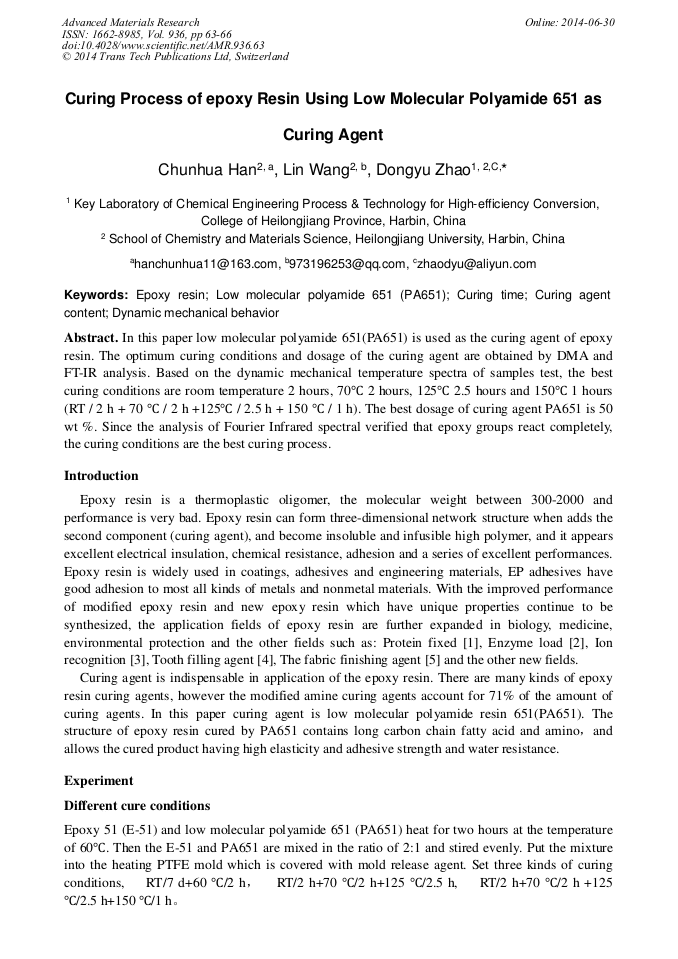 Curing Process of Epoxy Resin Using Low Molecular Polyamide 651 as ...
