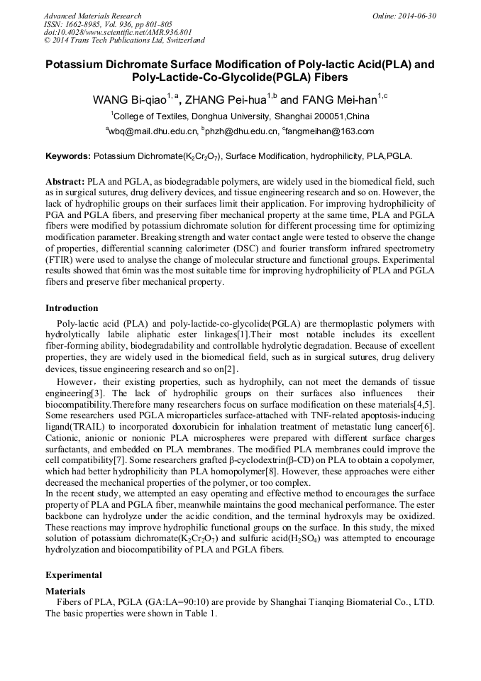 Potassium Dichromate Surface Modification of Poly-Lactic Acid (PLA) and ...