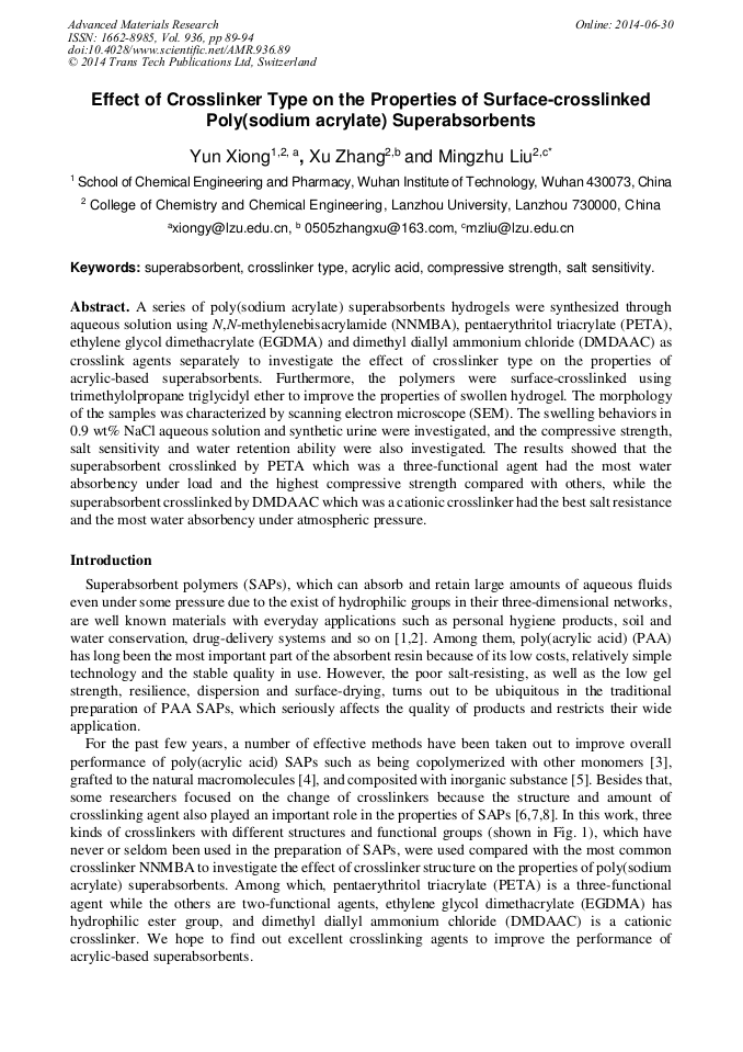 Effect of Crosslinker Type on the Properties of Surface-Crosslinked ...