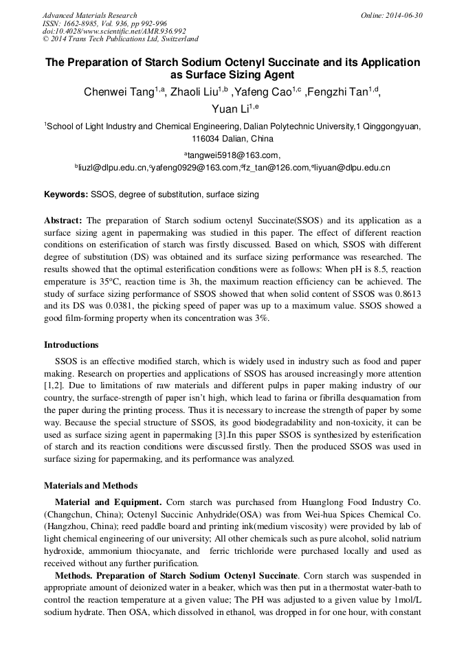 The Preparation of Starch Sodium Octenyl Succinate and its Application ...