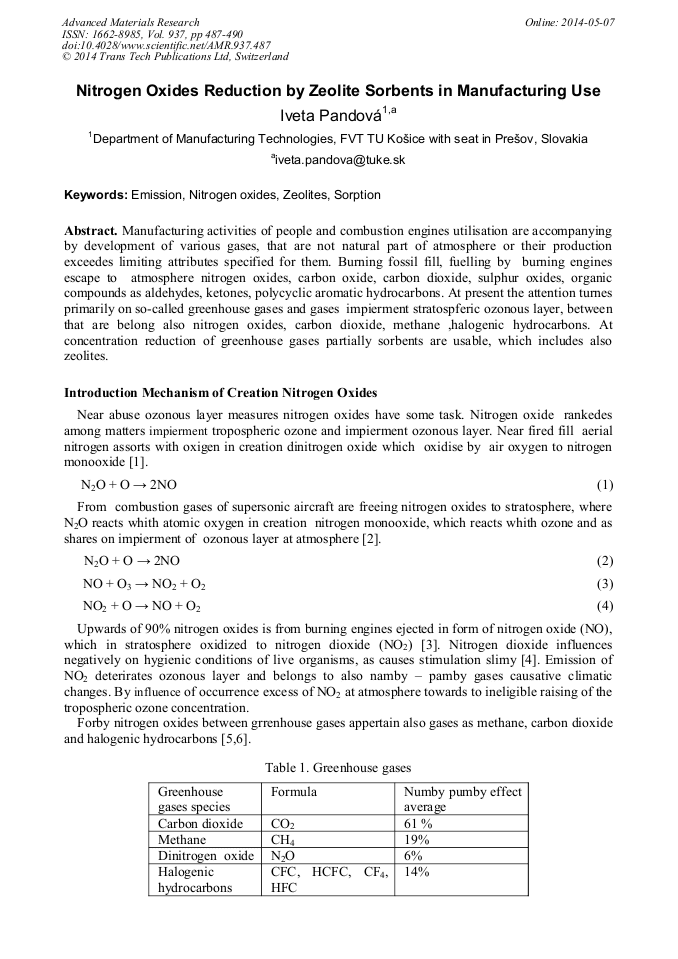 Nitrogen Oxides Reduction by Zeolite Sorbents in Manufacturing Use ...