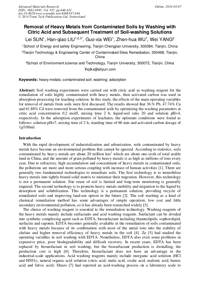 Removal of Heavy Metals from Contaminated Soils by Washing with Citric ...
