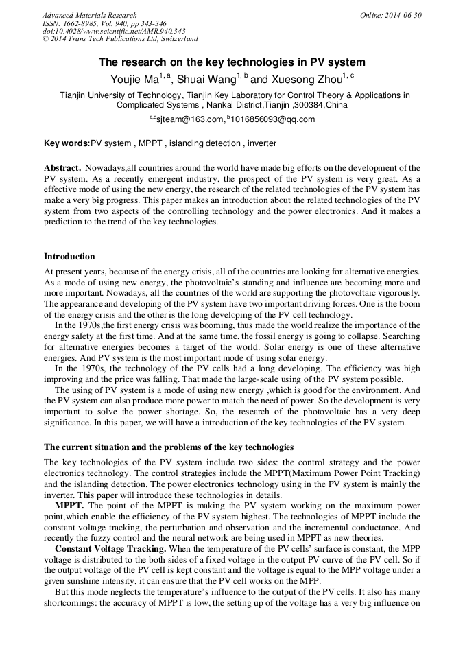 The Research on the Key Technologies in PV System | Scientific.Net