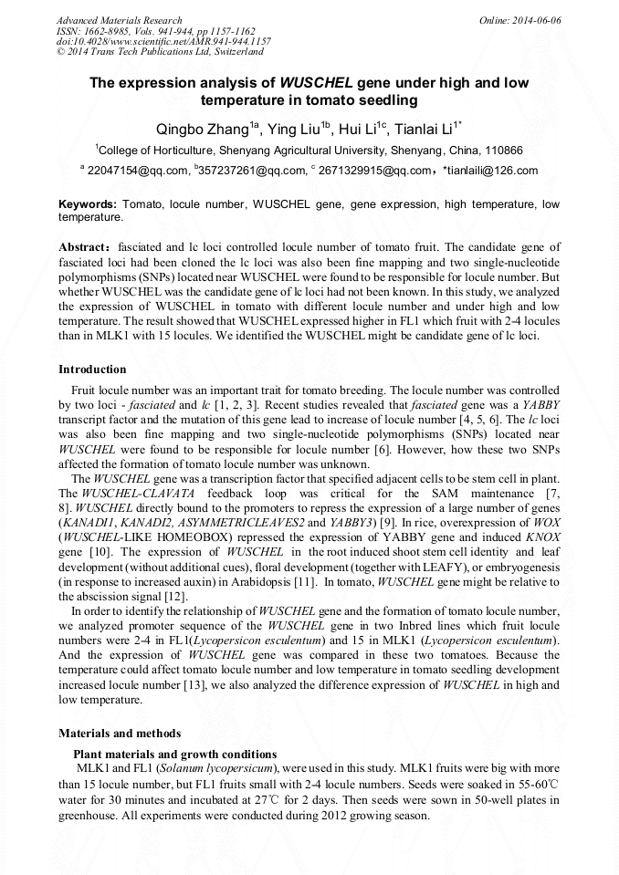 The Expression Analysis of WUSCHEL Gene under High and Low Temperature ...