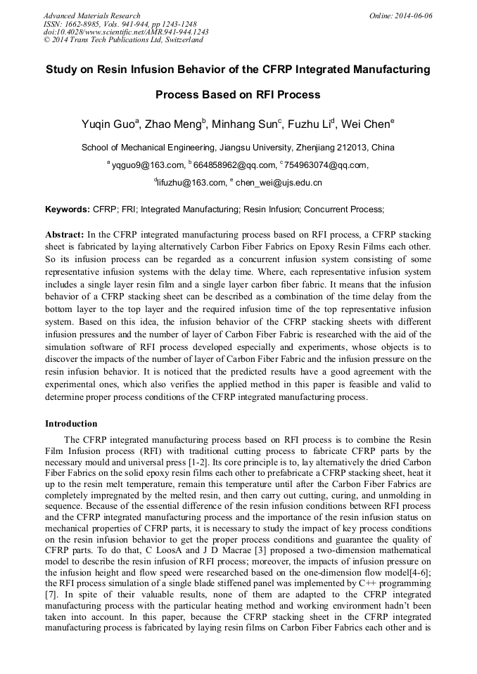 Study on Resin Infusion Behavior of the CFRP Integrated Manufacturing ...