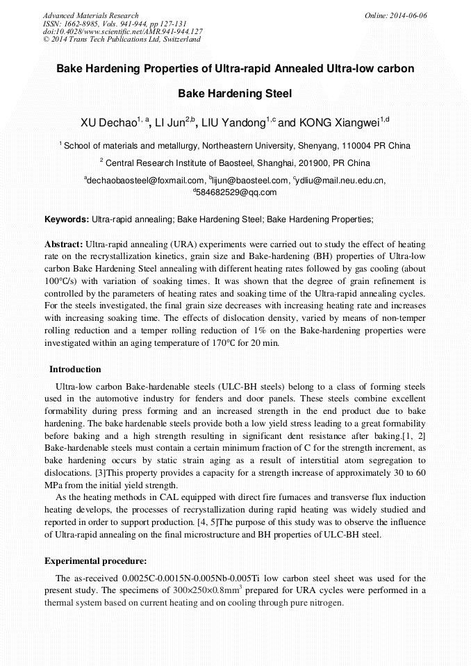Bake Hardening Properties of Ultra-Rapid Annealed Ultra-Low Carbon Bake ...