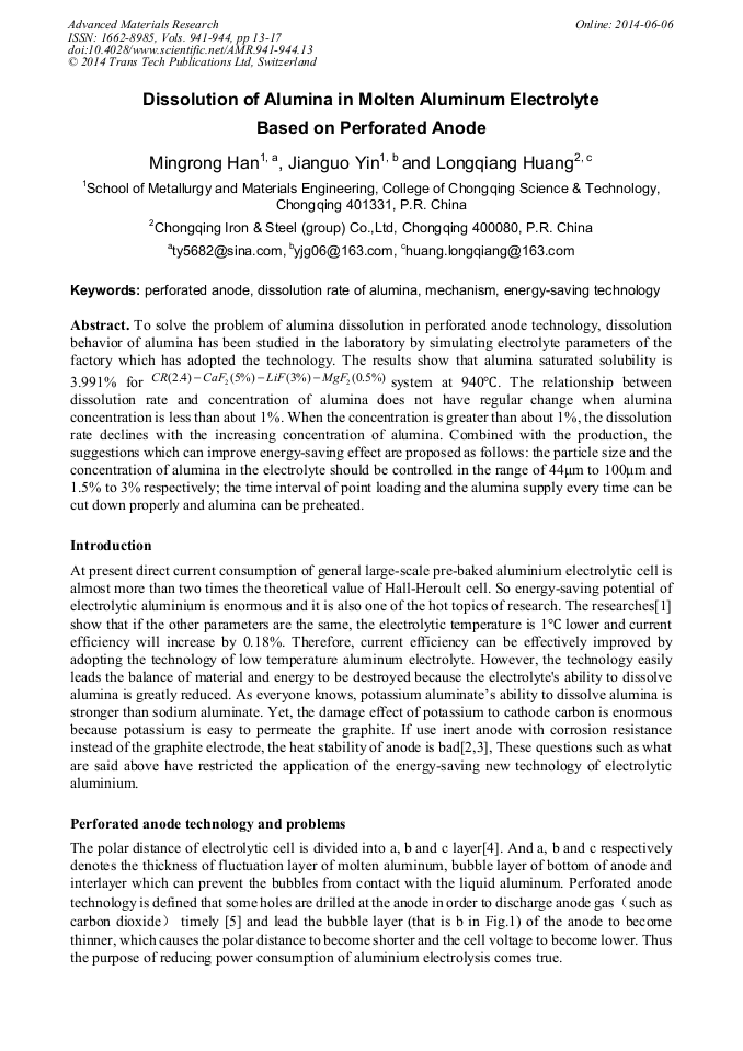 Dissolution of Alumina in Molten Aluminum Electrolyte Based on ...