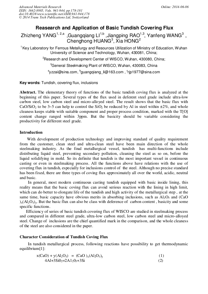 Research and Application of Basic Tundish Covering Flux | Scientific.Net