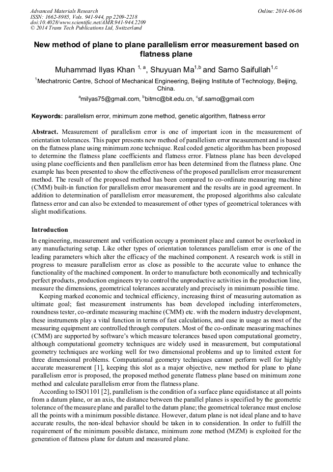 New Method of Plane to Plane Parallelism Error Measurement Based on Flatness Plane | Scientific.Net