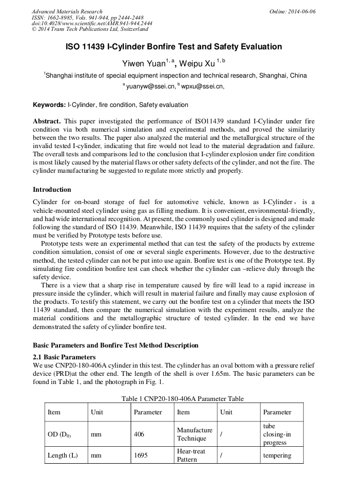 ISO 11439 I-Cylinder Bonfire Test and Safety Evaluation | Scientific.Net