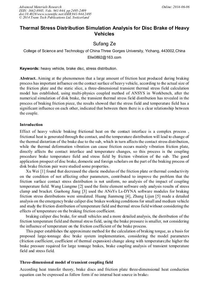 Thermal Stress Distribution Simulation Analysis for Disc Brake of Heavy ...