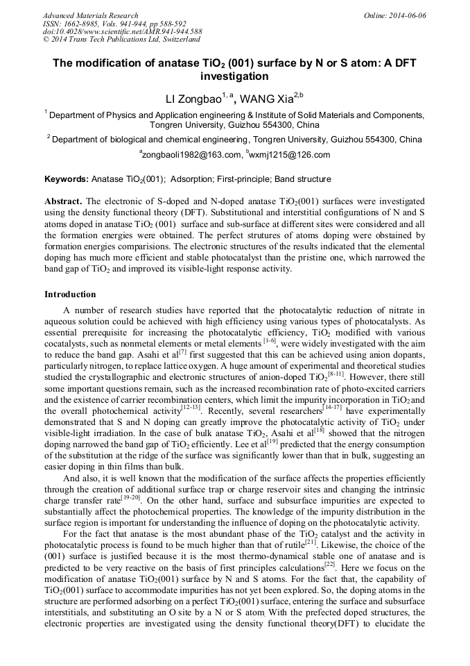 The Modification of Anatase TiO2 (001) Surface by N or S Atom: A DFT ...