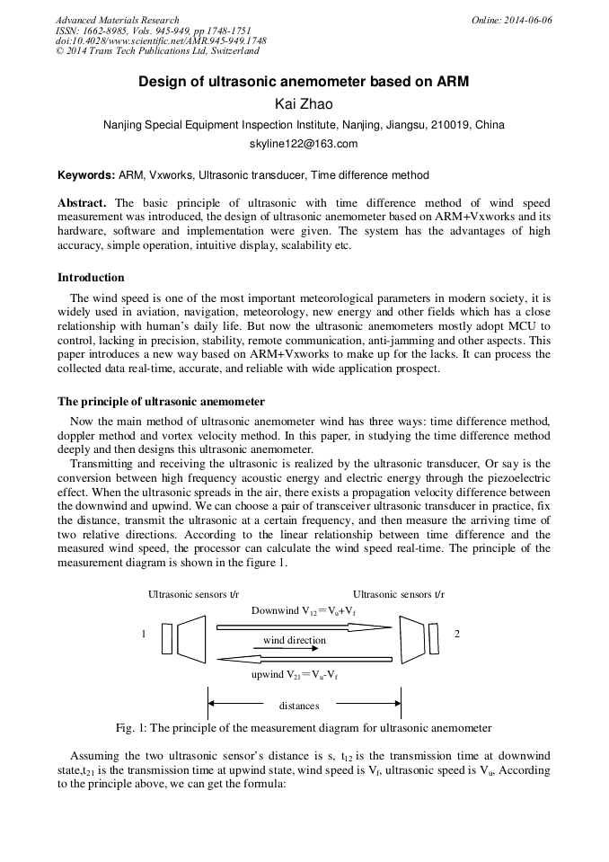 Design of Ultrasonic Anemometer Based on ARM | Scientific.Net