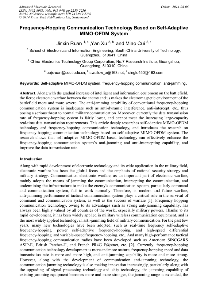 Frequency-Hopping Communication Technology Based on Self-Adaptive MIMO ...