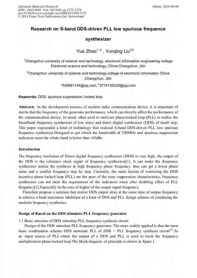 Research on S-Band DDS-Driven PLL Low Spurious Frequence Synthesizer ...