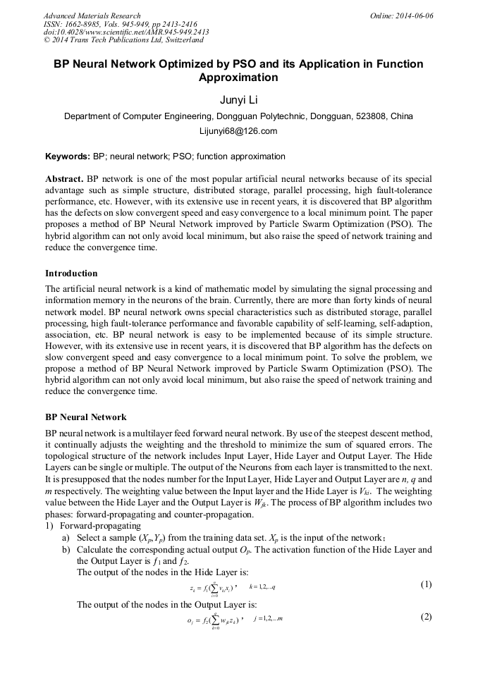 Bp Neural Network Optimized by PSO and its Application in Function ...