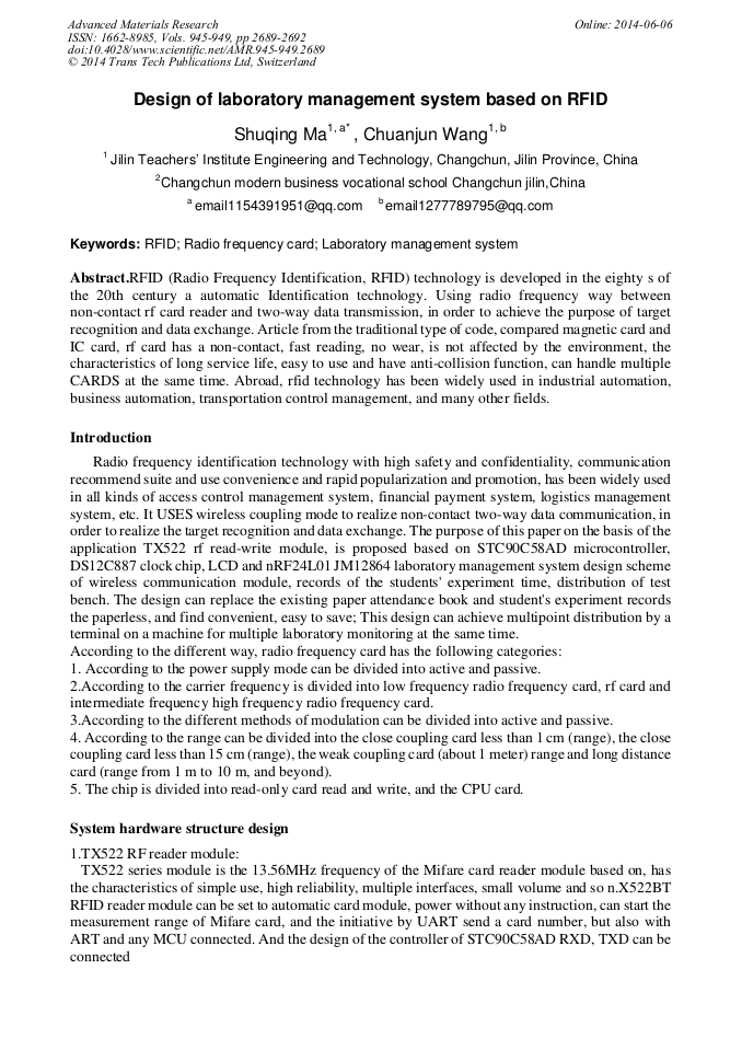 Design of Laboratory Management System Based on RFID | Scientific.Net