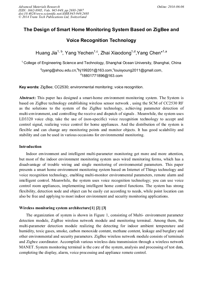 The Design of Smart Home Monitoring System Based on ZigBee and Voice ...