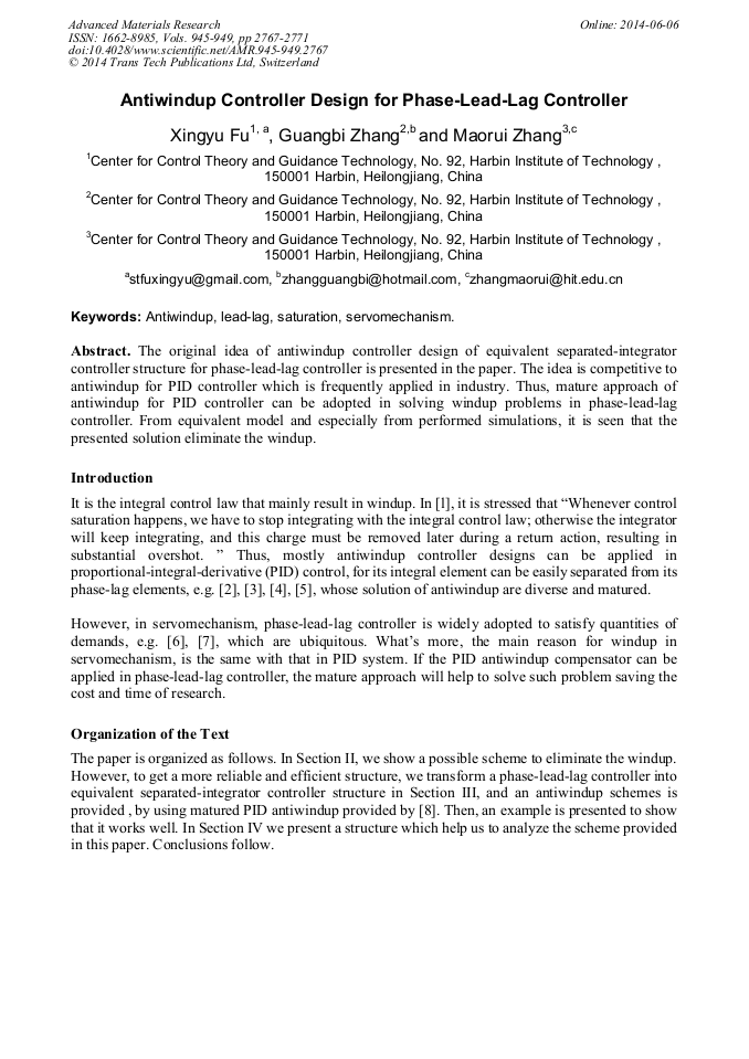Antiwindup Controller Design for Phase-Lead-Lag Controller | Scientific.Net