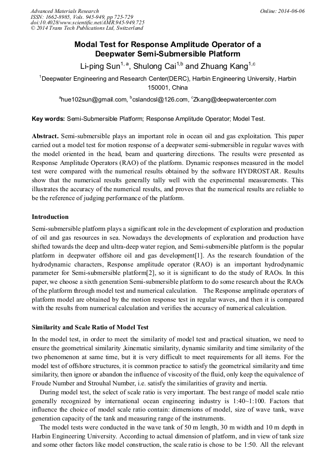 Modal Test for Response Amplitude Operator of a Deepwater Semi ...