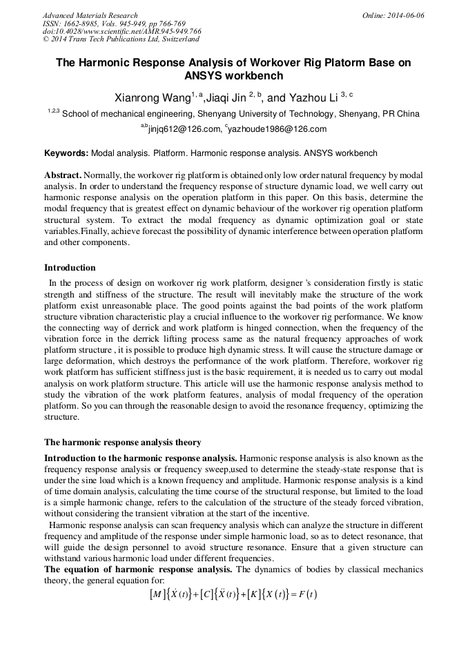 The Harmonic Response Analysis of Workover Rig Platorm Base on ANSYS ...