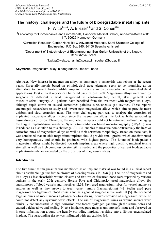 The History, Challenges and the Future of Biodegradable Metal Implants ...