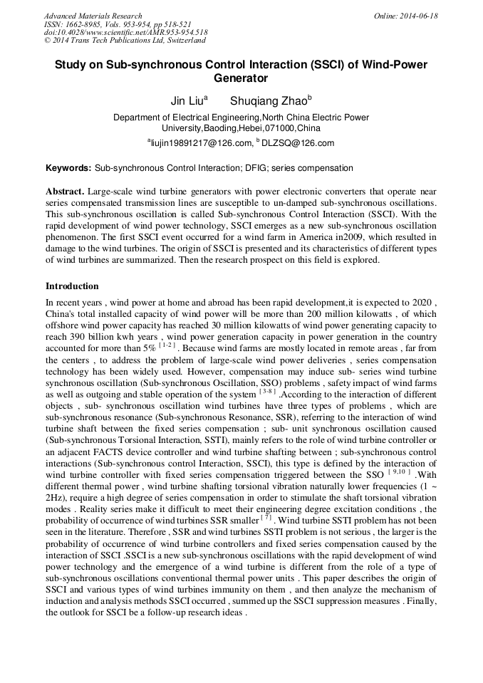 Study on Sub-Synchronous Control Interaction (SSCI) of Wind-Power Generator | Scientific.Net