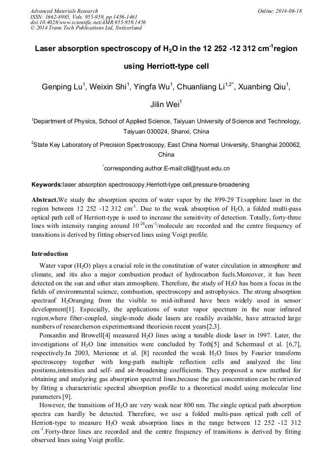Laser Absorption Spectroscopy of H2O in the 12 252-12 312 cm-1Region ...