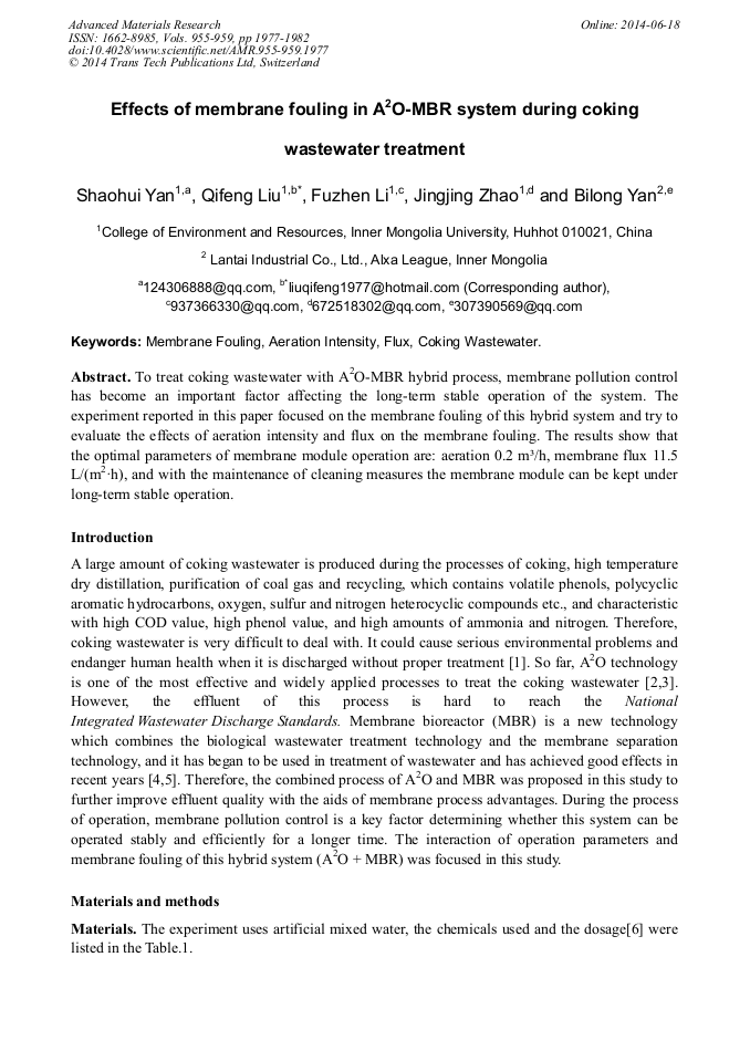 Effects of Membrane Fouling in A2O-MBR System during Coking Wastewater ...