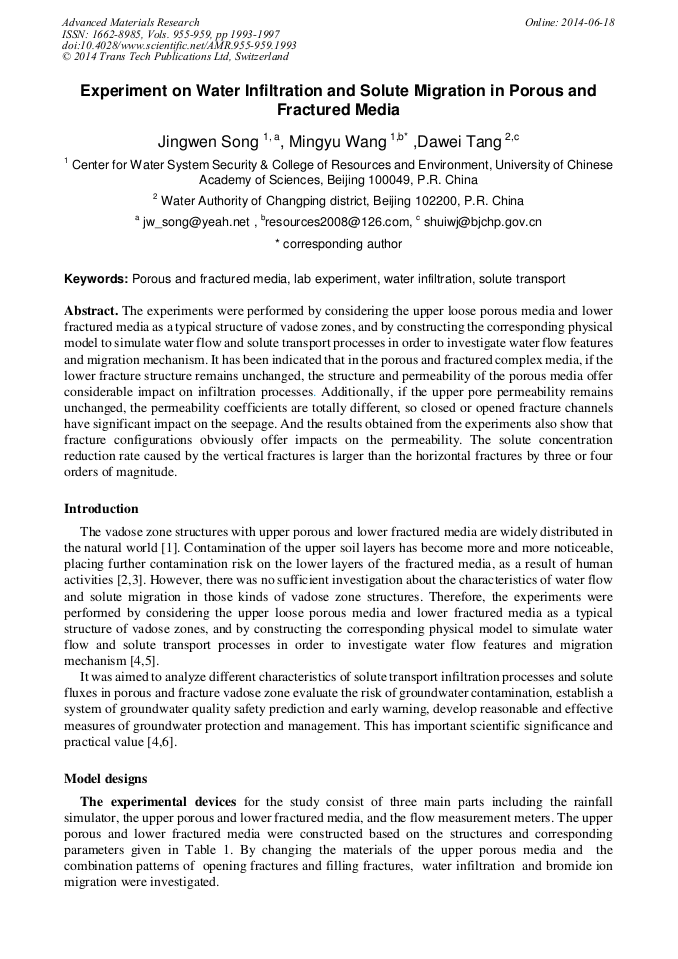 Experiment on Water Infiltration and Solute Migration in Porous and ...