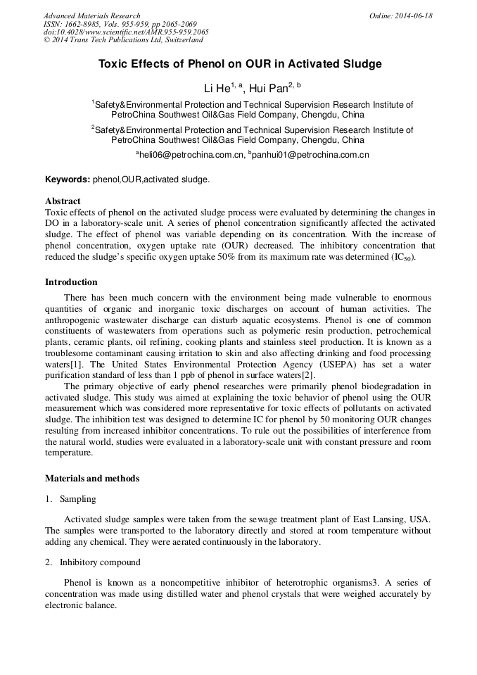 Toxic Effects of Phenol on OUR in Activated Sludge | Scientific.Net