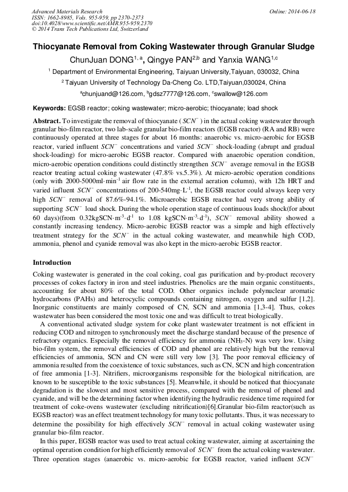 Thiocyanate Removal from Coking Wastewater through Granular Sludge ...
