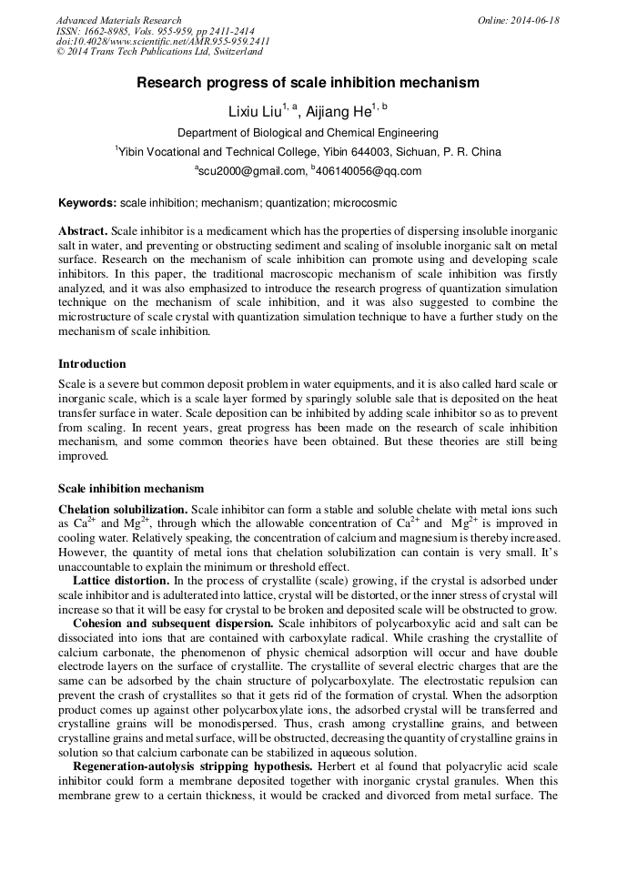 Research Progress of Scale Inhibition Mechanism | Scientific.Net