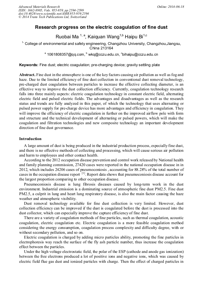 Research Progress on the Electric Coagulation of Fine Dust | Scientific.Net