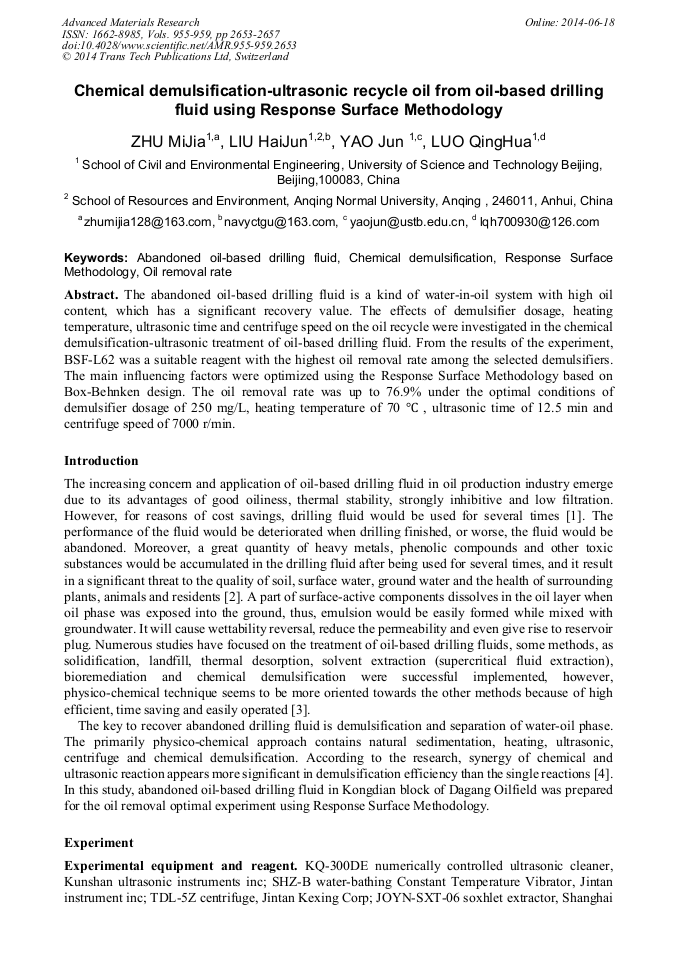 Chemical Demulsification-Ultrasonic Recycle Oil from Oil-Based Drilling ...