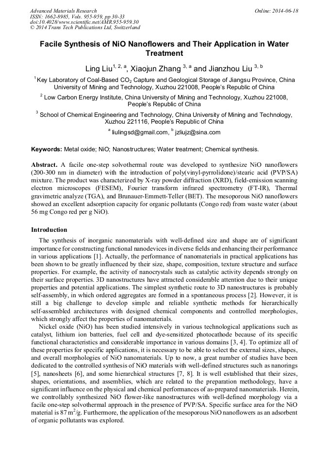 Facile Synthesis of NiO Nanoflowers and their Application in Water ...